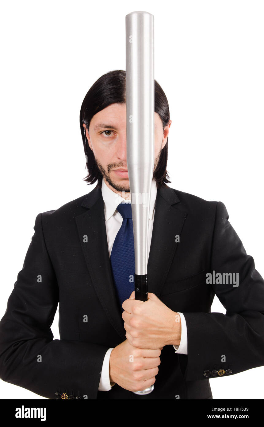 Young elegant man holding bat isolated on white Stock Photo - Alamy