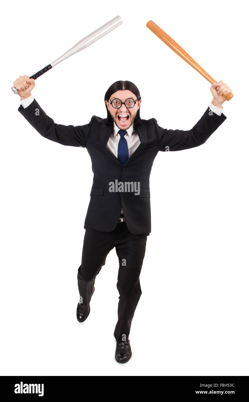 Young elegant man in black suit holding bat isolated on white Stock ...