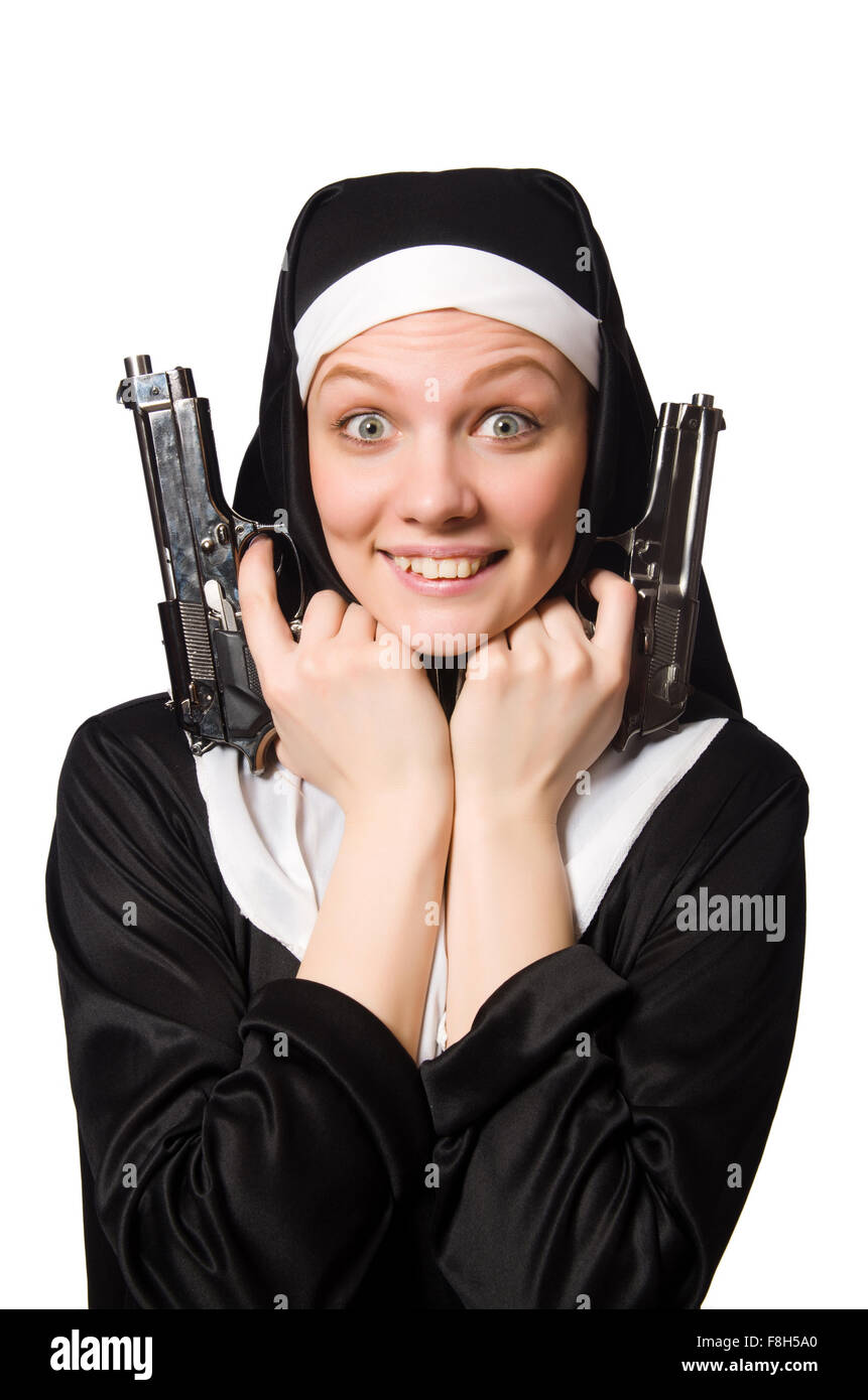 Nun with gun isolated on white Stock Photo - Alamy