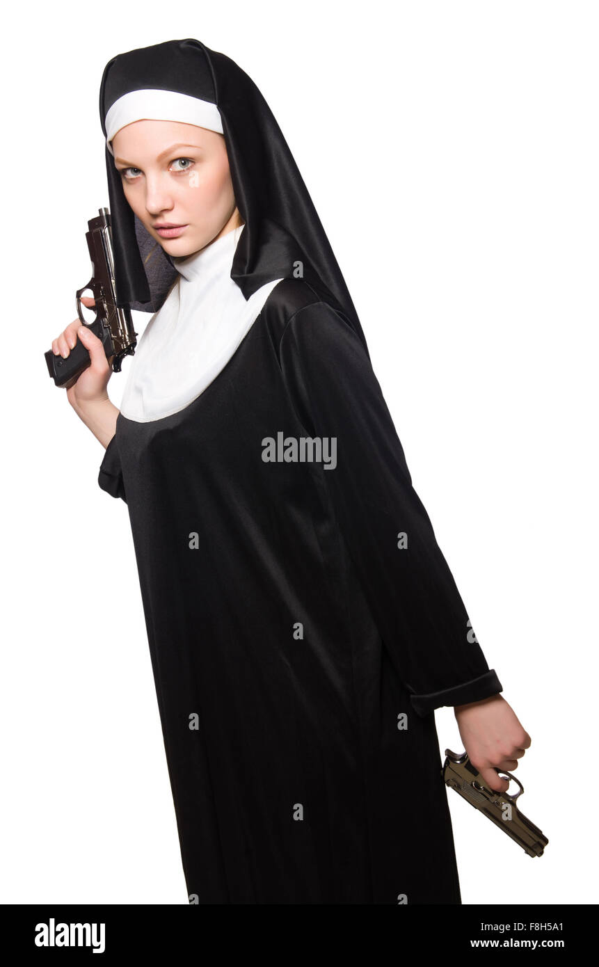 Nun with gun isolated on white Stock Photo - Alamy