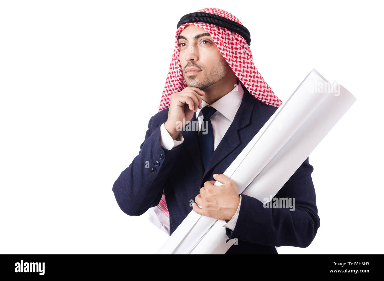 Arab engineer with drawings on white Stock Photo - Alamy