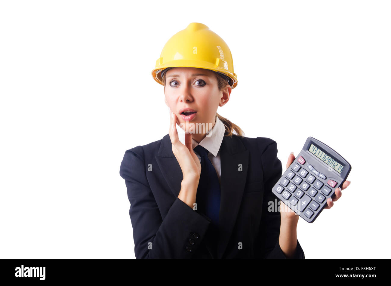 Female construction worker with calculator Stock Photo - Alamy