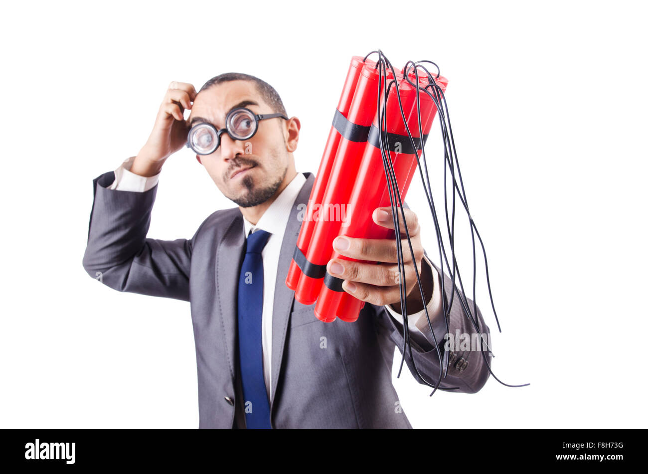 Businessman with dynamite isolated on white Stock Photo - Alamy