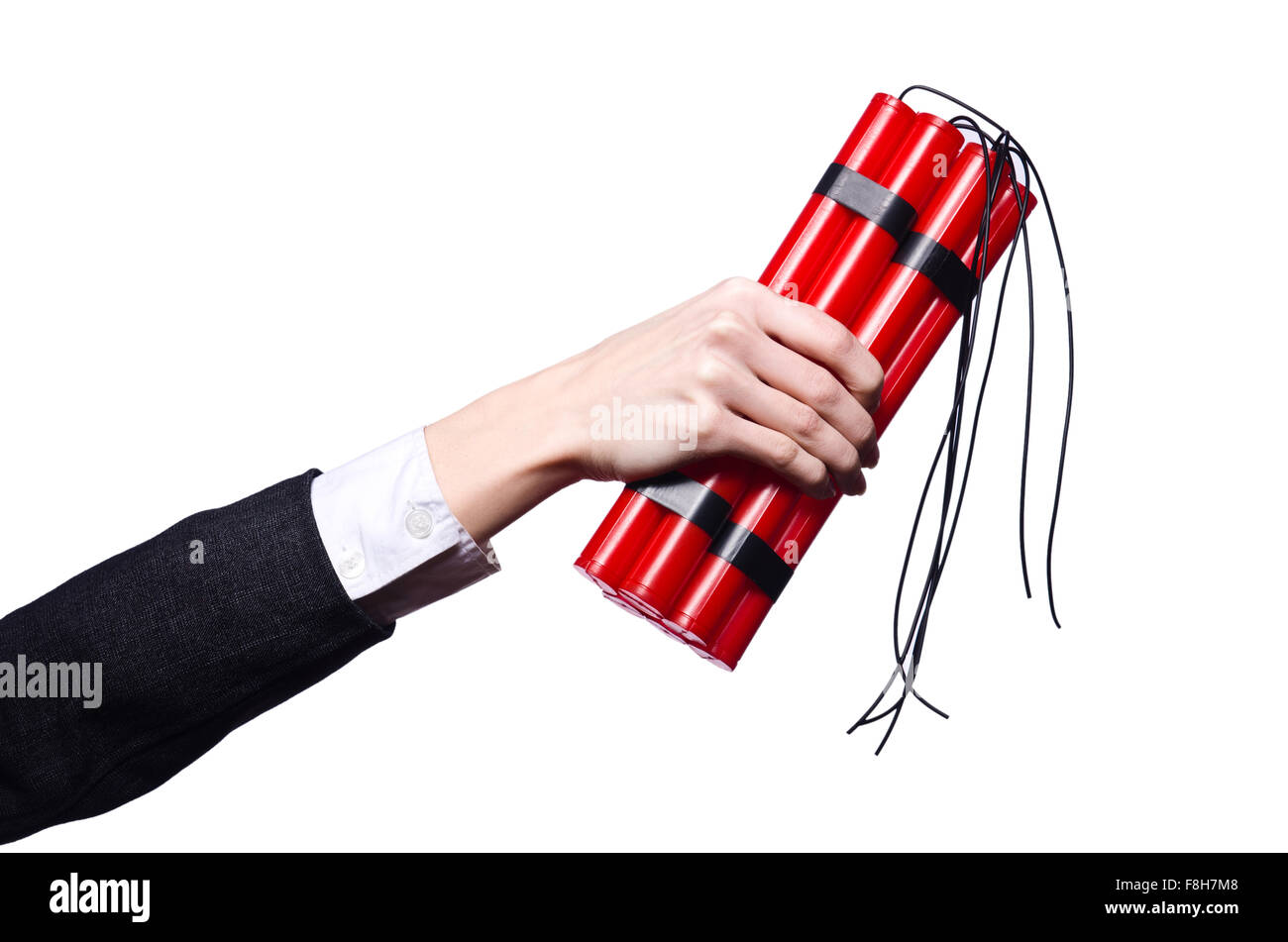 Hand holding bars of dynamite on white Stock Photo - Alamy