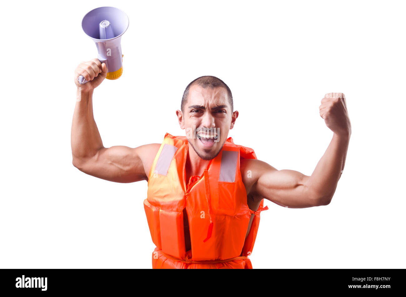 Man in life jacket isolated on white Stock Photo - Alamy