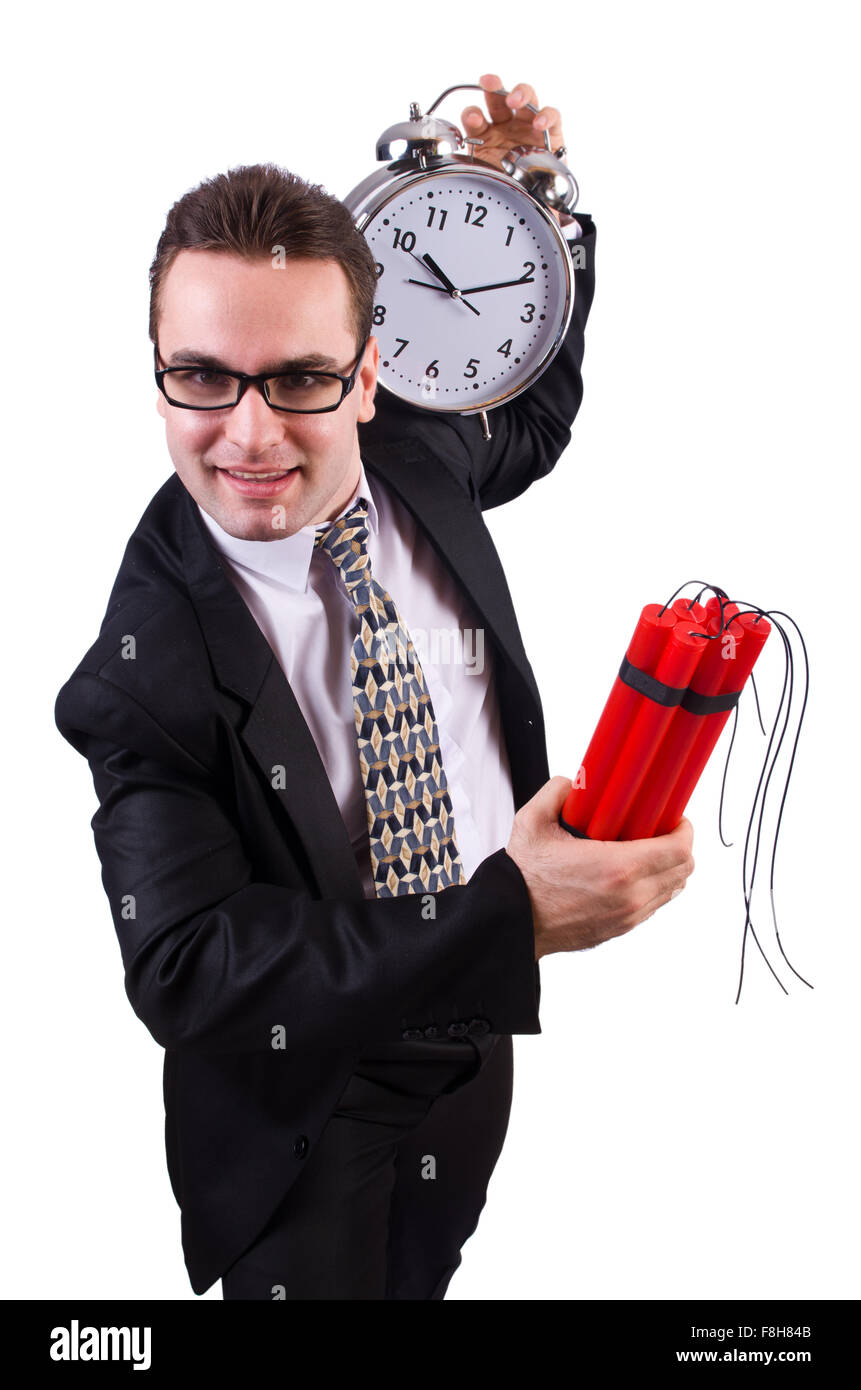 Man with time bomb isolated on white Stock Photo - Alamy