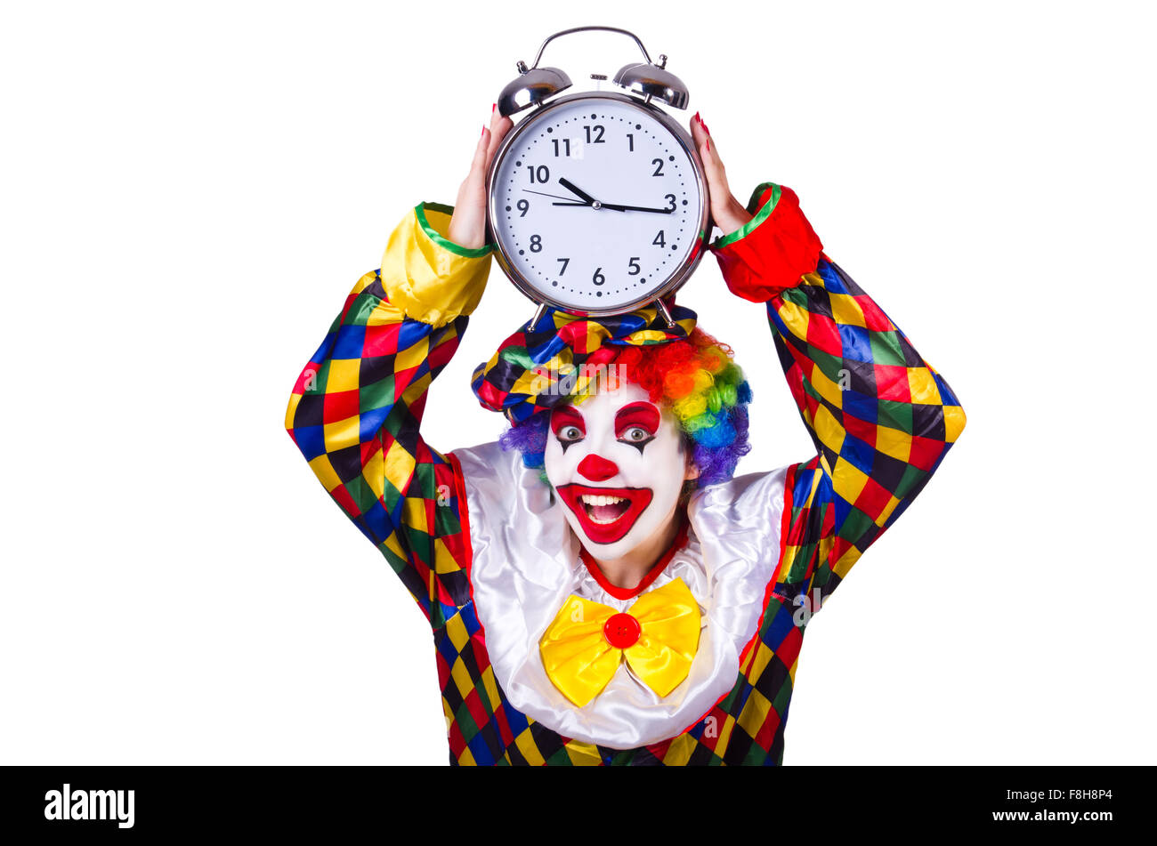 Clown with clock on white Stock Photo - Alamy