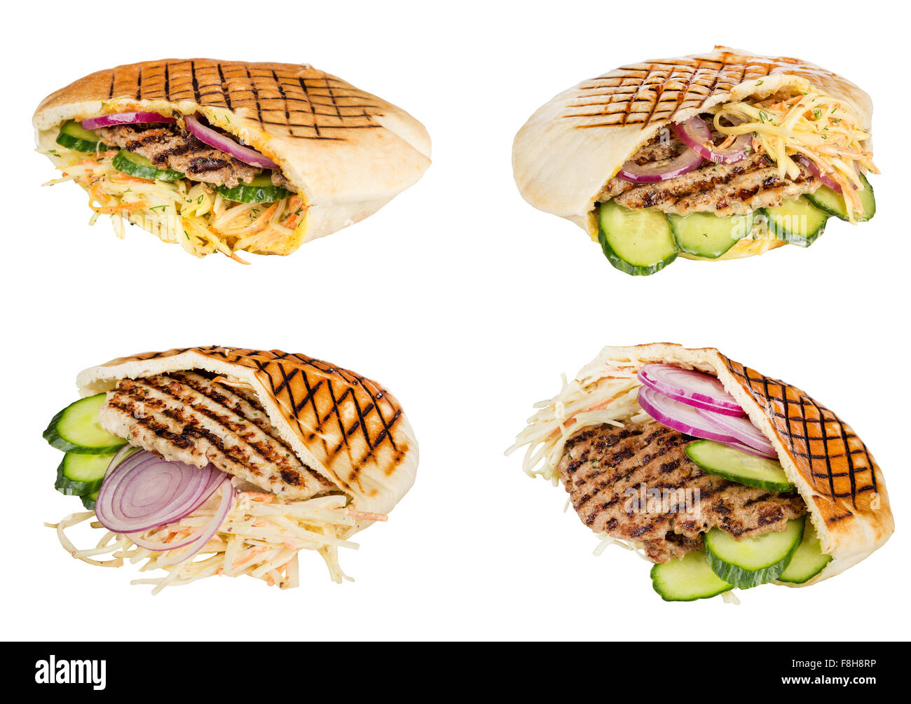 set arabian grilled hot fast food - meat with vegetables in pita Stock ...