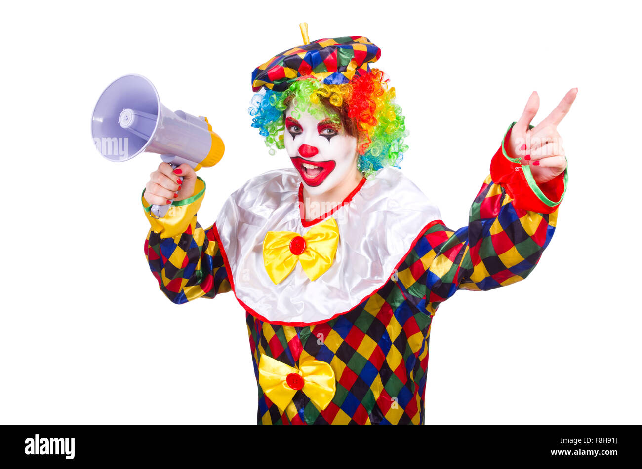 Clown with loudspeaker on white Stock Photo - Alamy