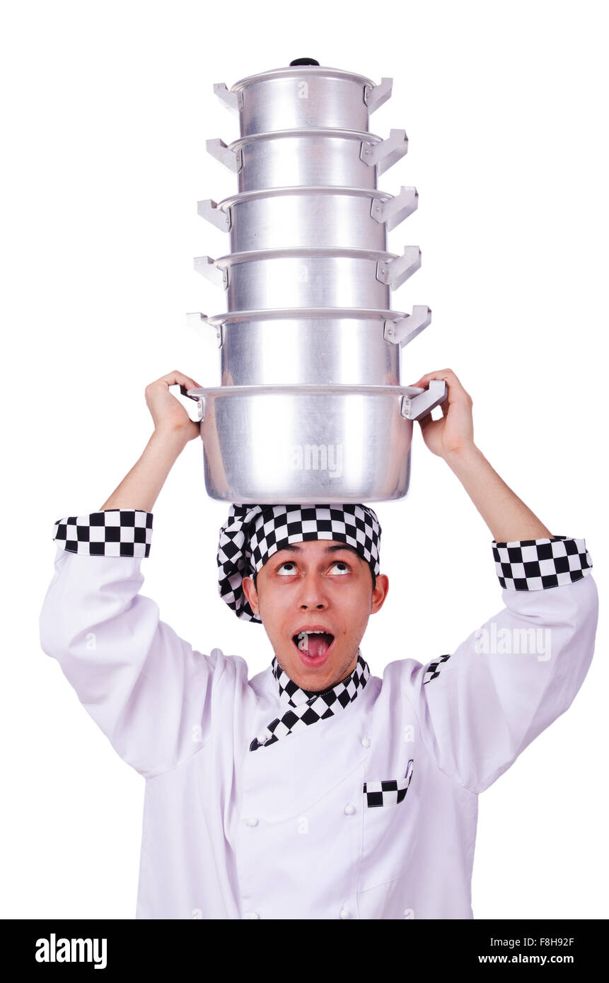 Cook with stack of pots on white Stock Photo - Alamy