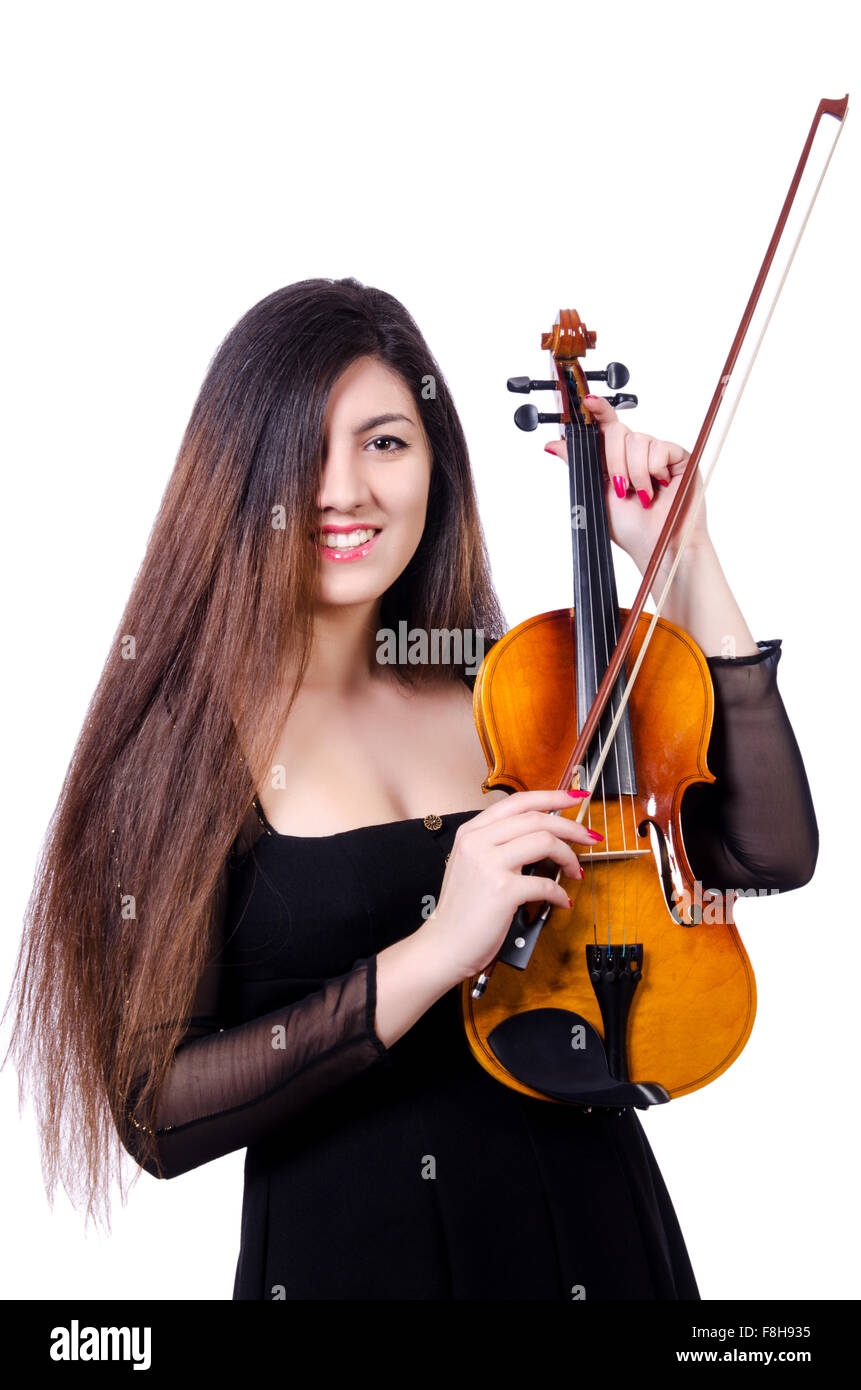 Young performer with violin on white Stock Photo - Alamy