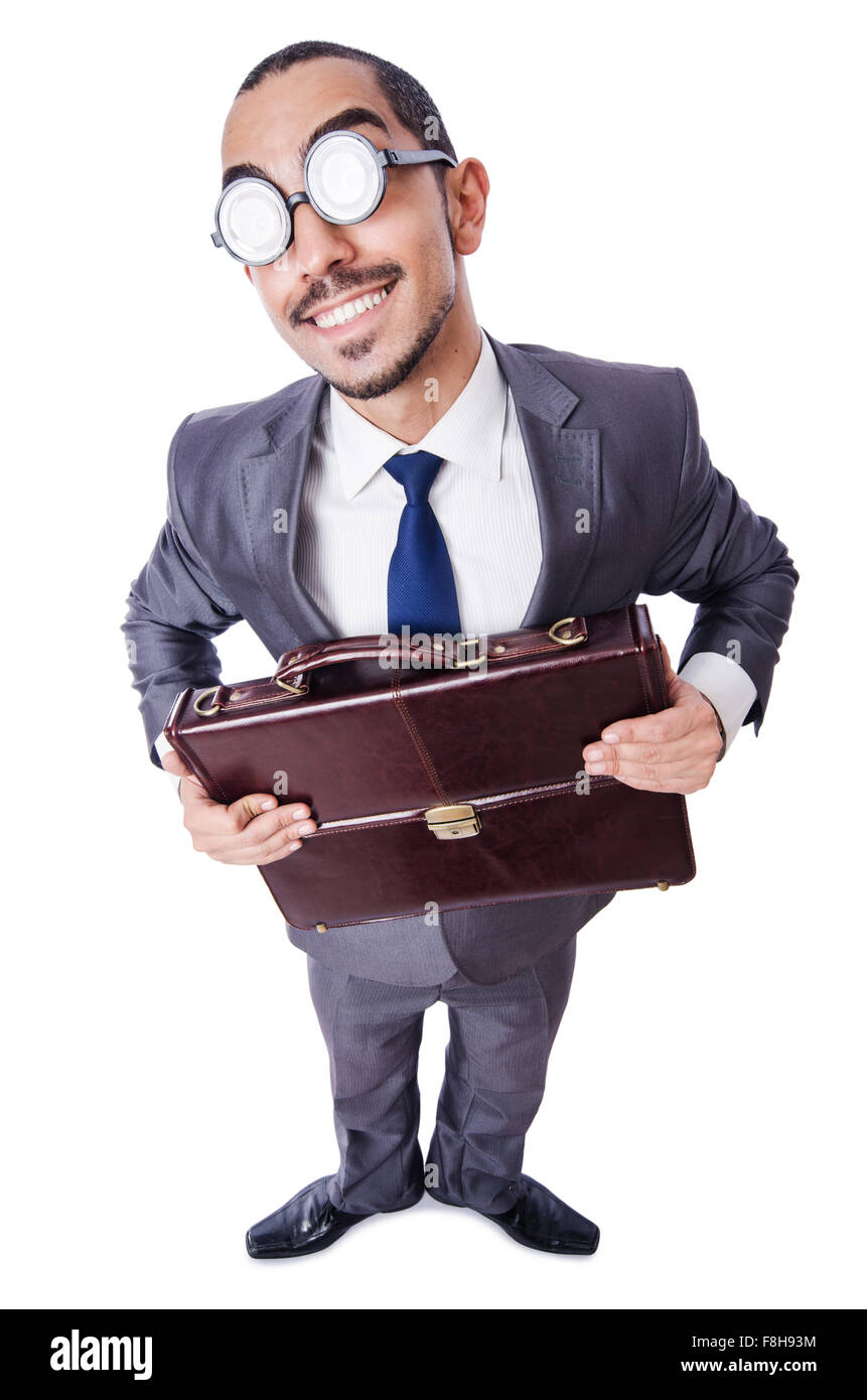 Funny nerd businessman isolated on white Stock Photo - Alamy