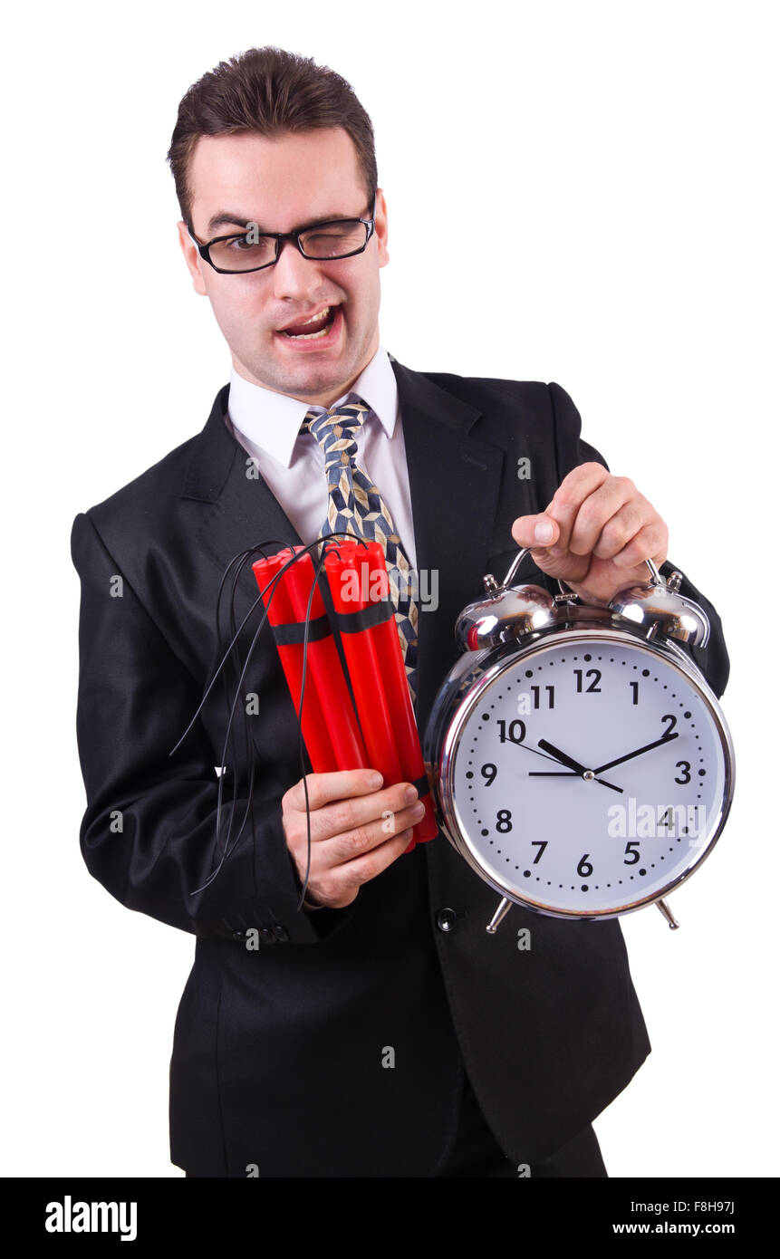 Man with time bomb isolated on white Stock Photo - Alamy