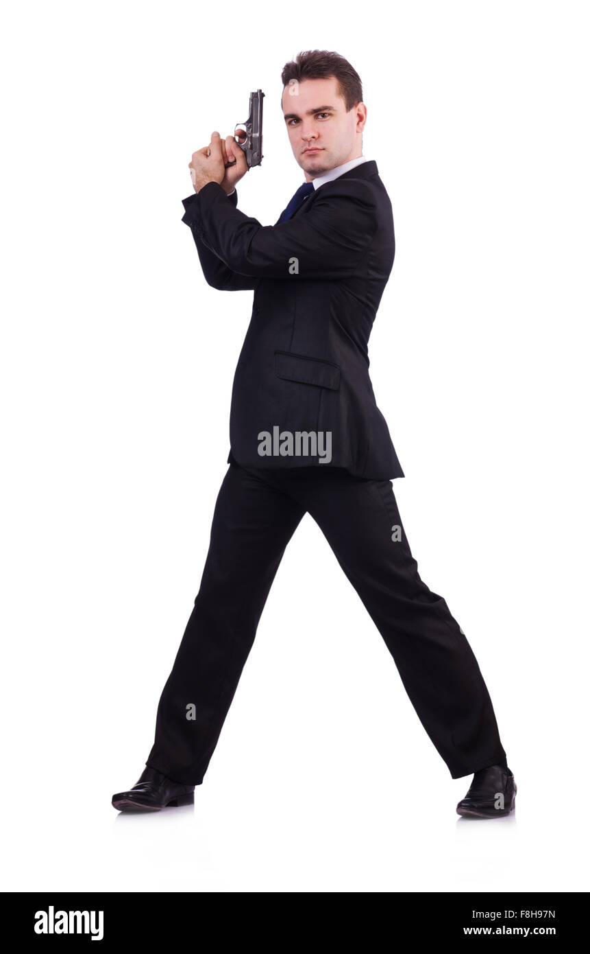 Businessman with gun isolated on white Stock Photo - Alamy