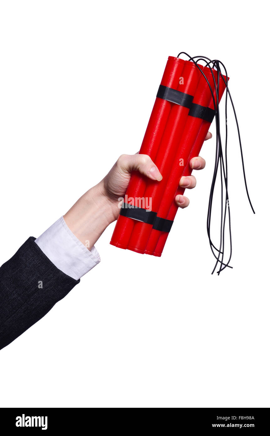 Hand holding bars of dynamite on white Stock Photo - Alamy