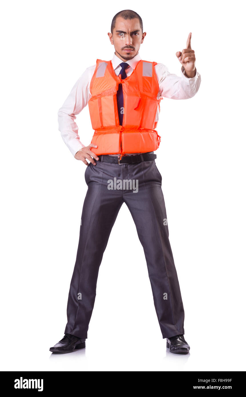 Man in life jacket isolated on white Stock Photo - Alamy
