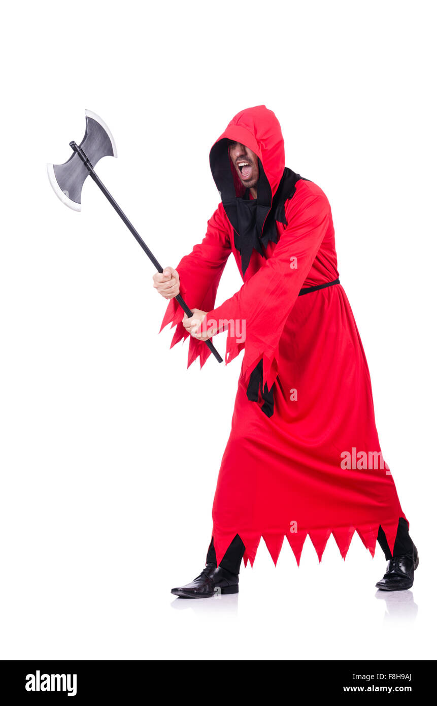 Executioner in red costume with axe on white Stock Photo - Alamy