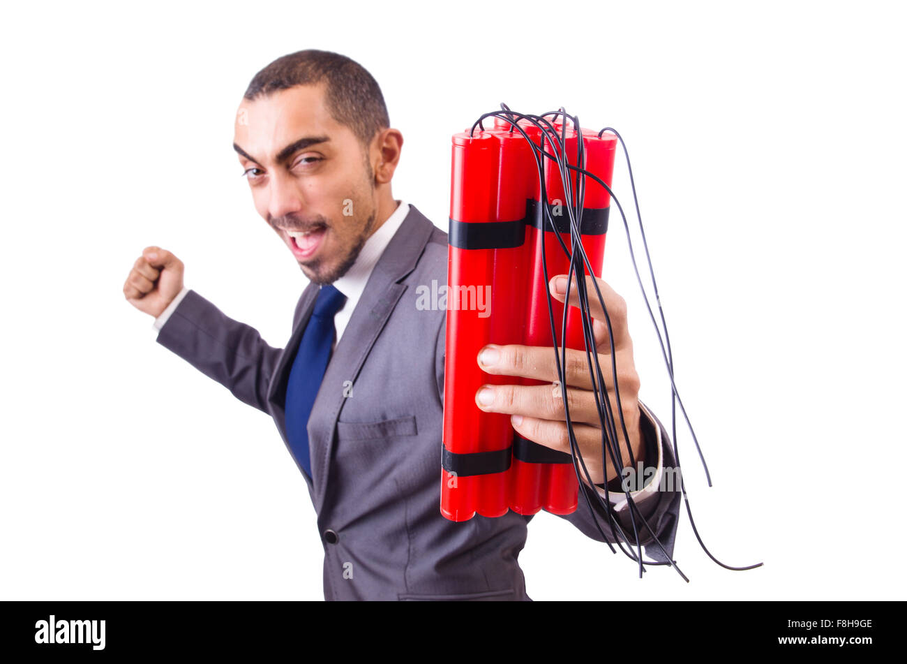 Businessman with dynamite isolated on white Stock Photo - Alamy