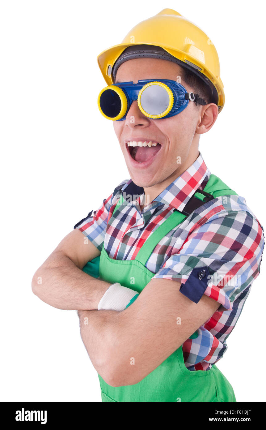 Funny construction worker isolated on white Stock Photo - Alamy
