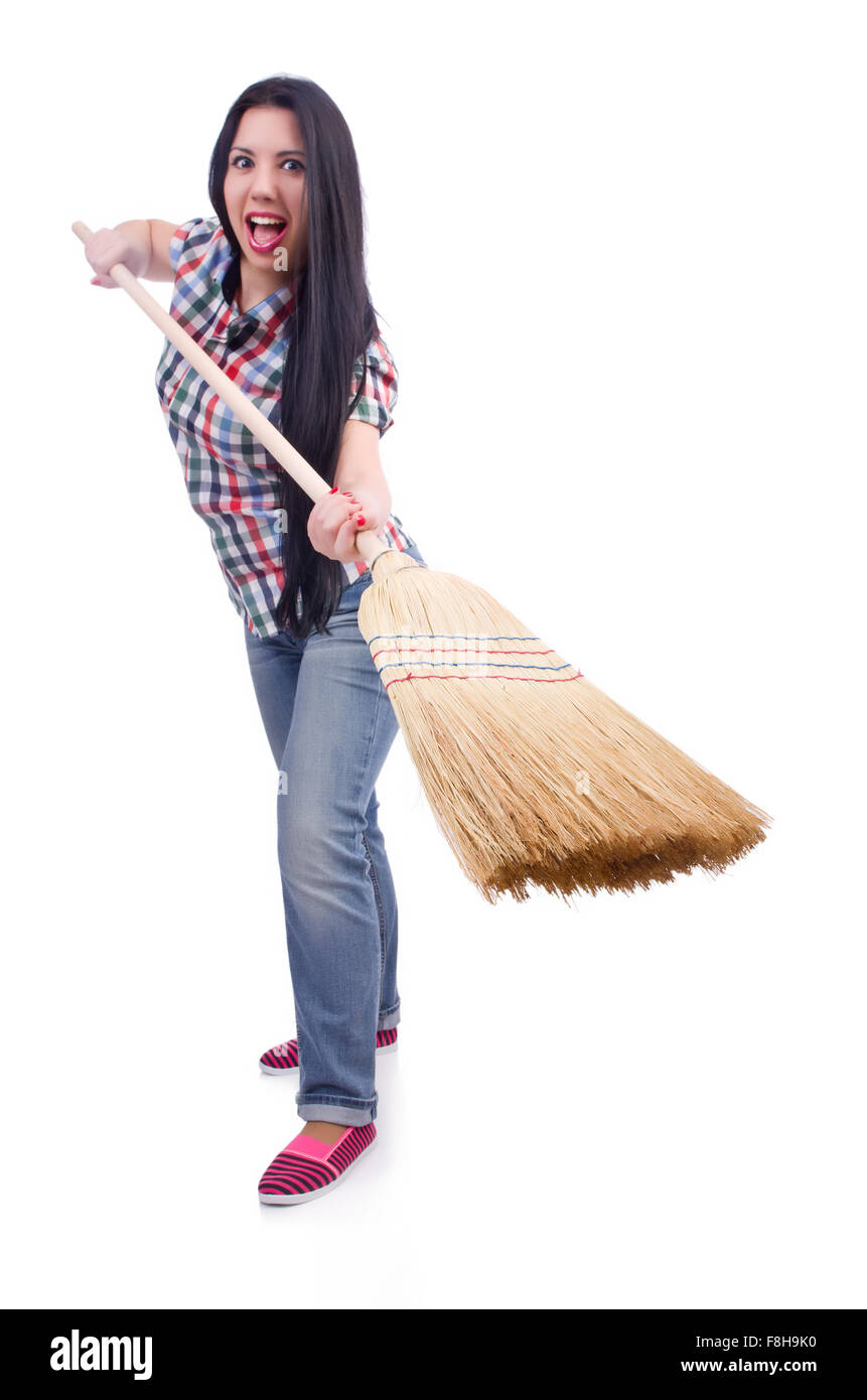 Young woman with broom isolated on white Stock Photo - Alamy