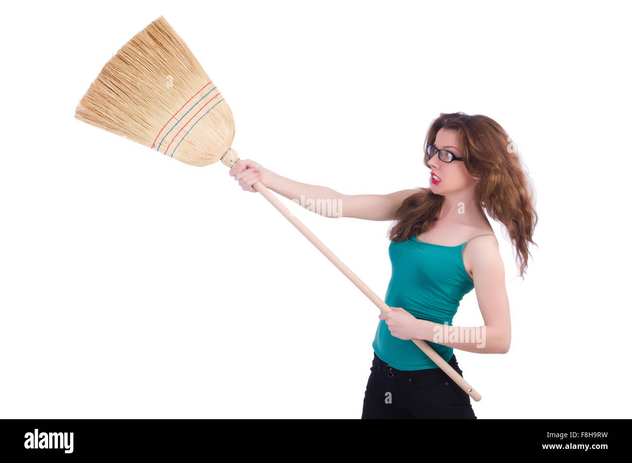 Young woman with broom isolated on white Stock Photo - Alamy