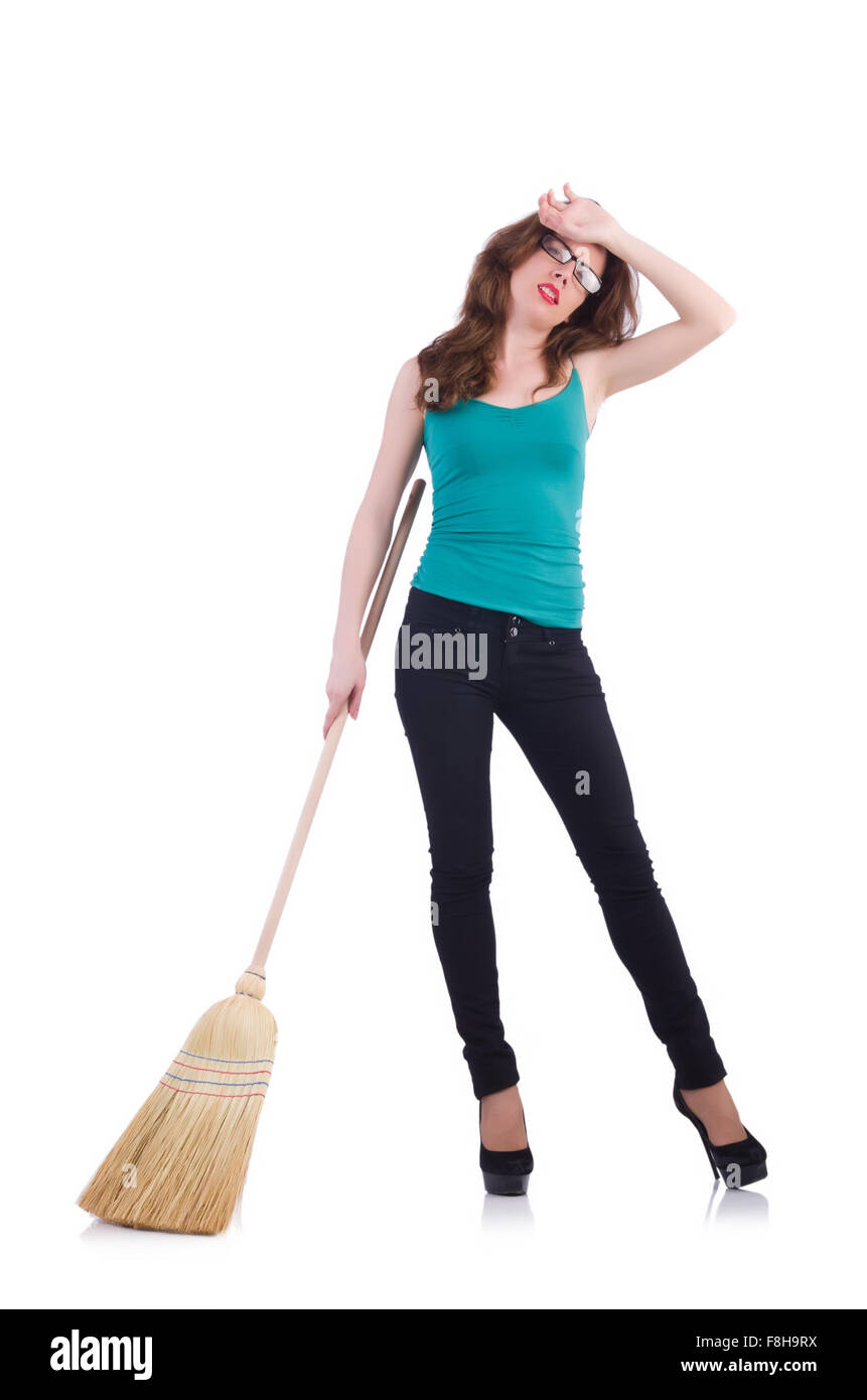 Young woman with broom isolated on white Stock Photo - Alamy