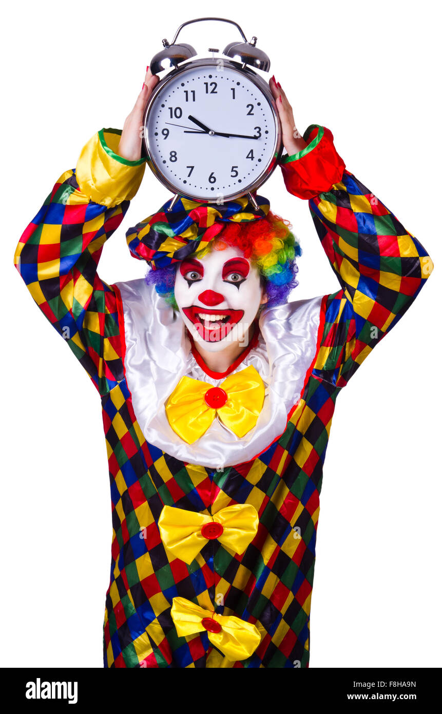 Clown with clock on white Stock Photo - Alamy