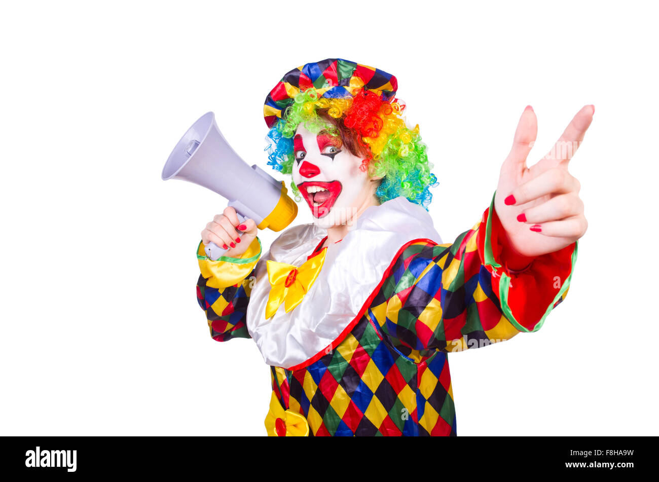 Clown with loudspeaker on white Stock Photo - Alamy