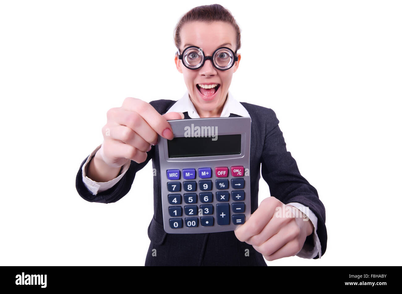 Nerd female accountant with calculator Stock Photo - Alamy