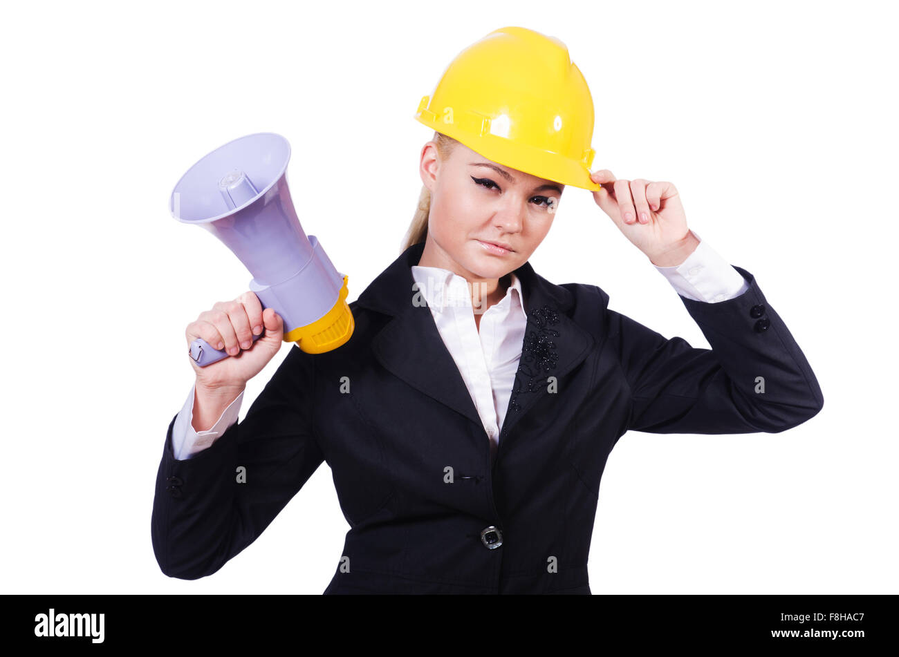 Female construction worker with loudspeaker Stock Photo - Alamy