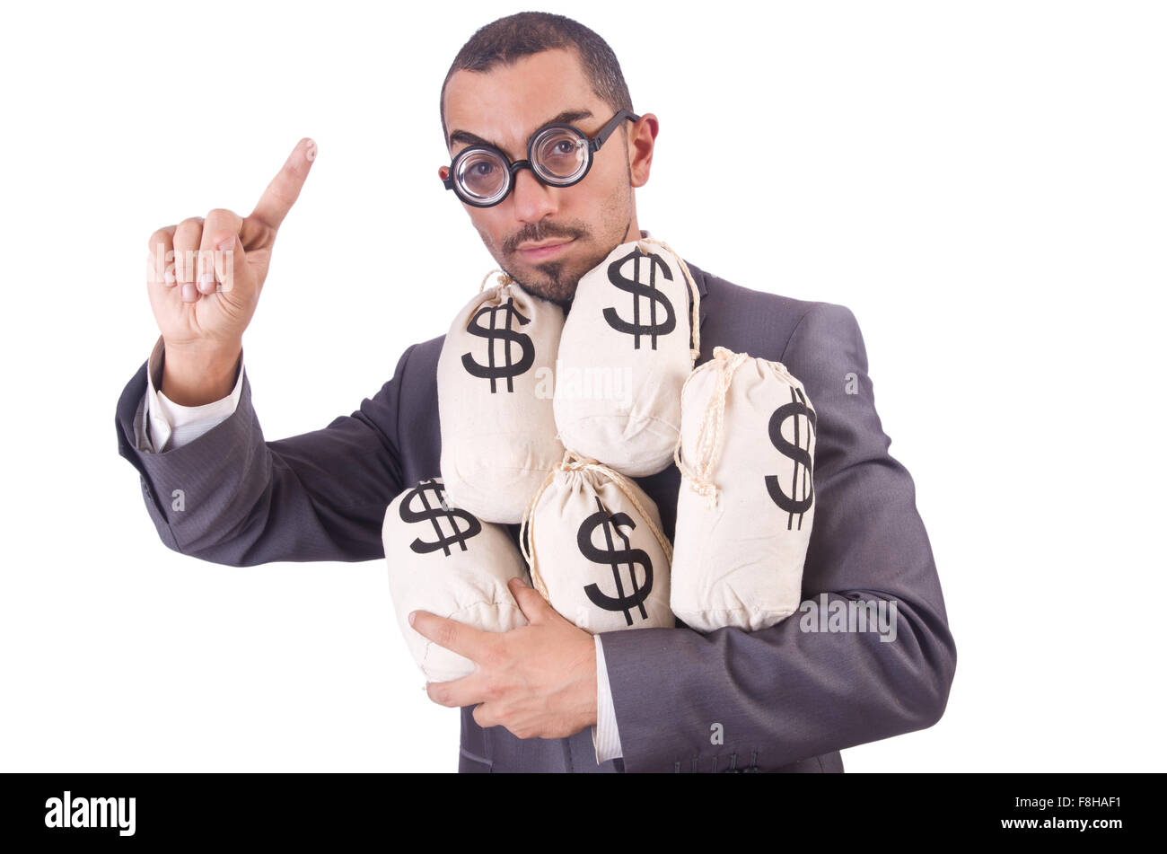 Man with money sacks on white Stock Photo - Alamy