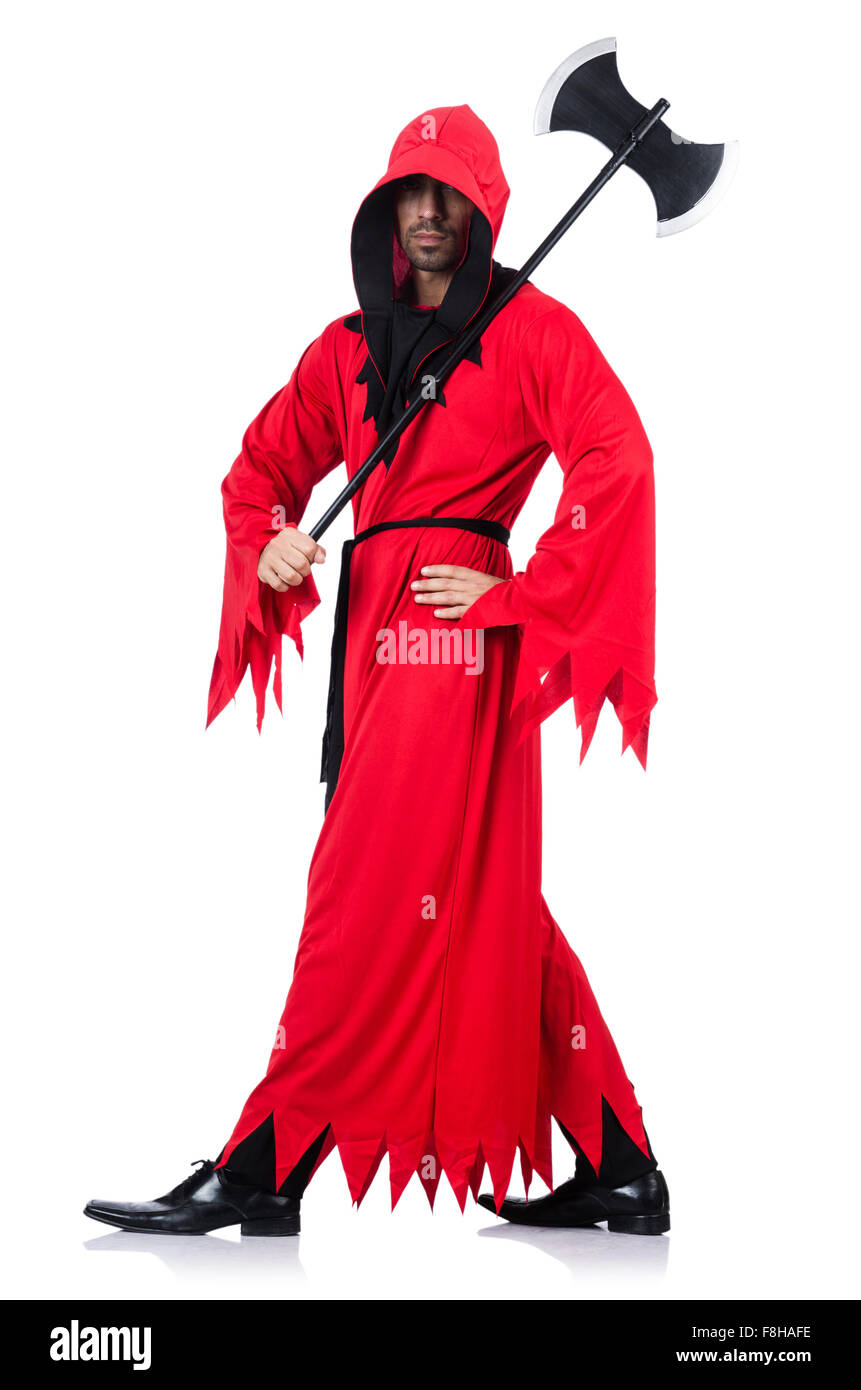 Executioner in red costume with axe on white Stock Photo - Alamy