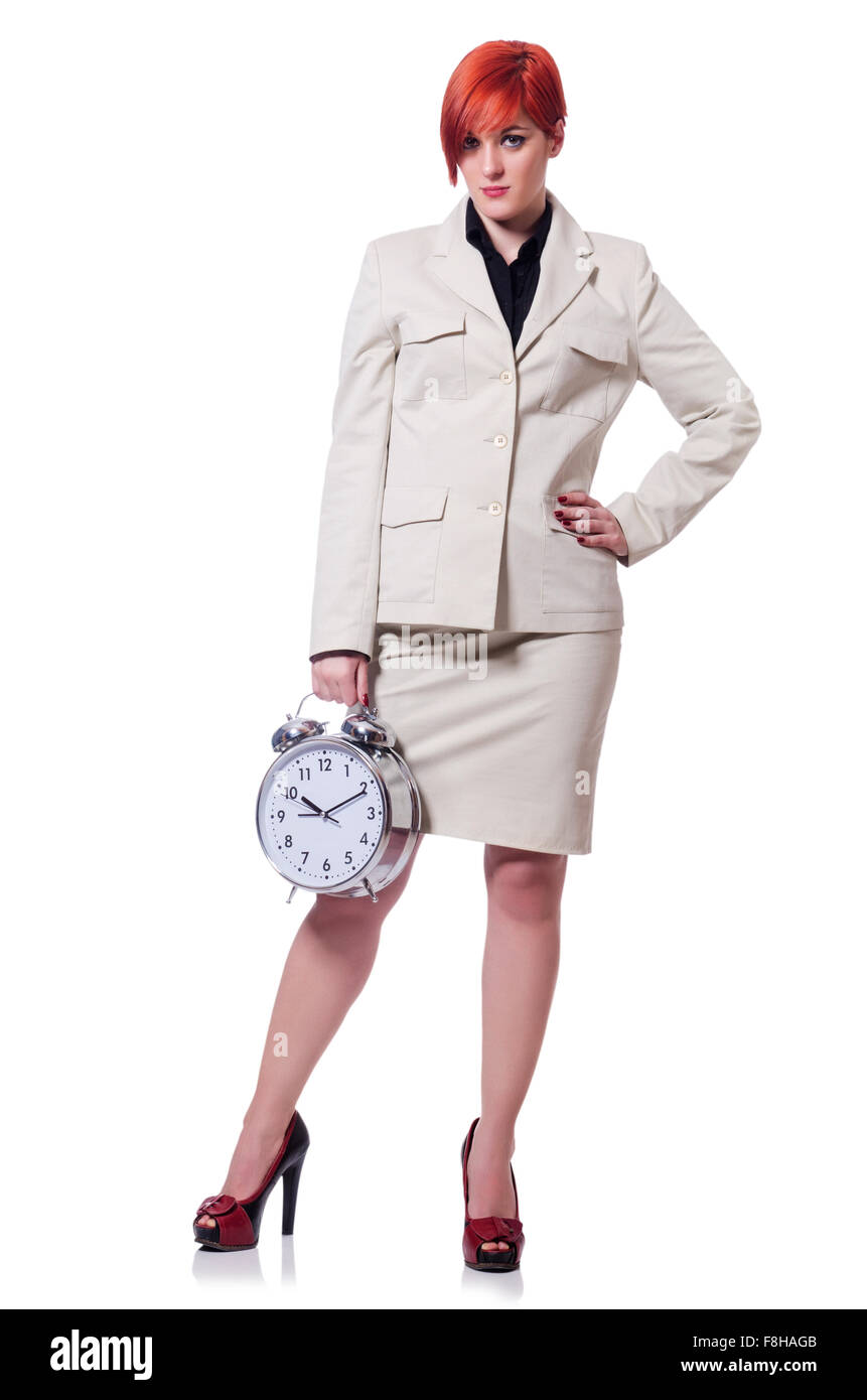 Woman with clock isolated on white Stock Photo - Alamy