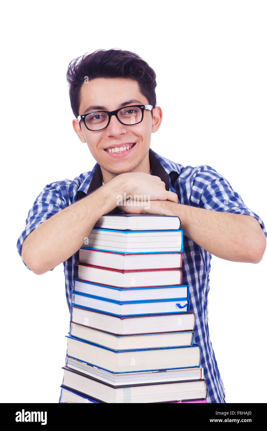 Student with lots of books on white Stock Photo - Alamy
