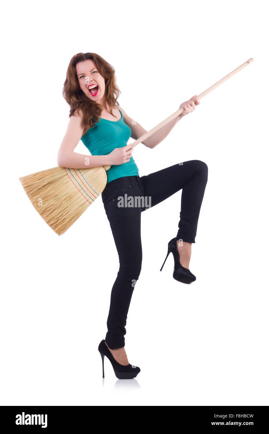 Young woman with broom isolated on white Stock Photo - Alamy