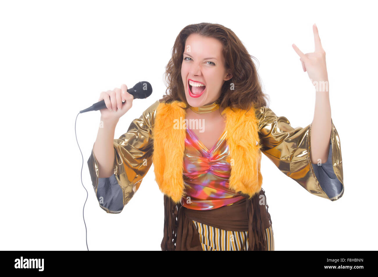 Woman in spanish clothing with mic Stock Photo - Alamy