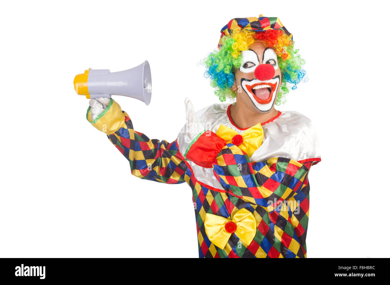 Clown with loudspeaker on white Stock Photo - Alamy