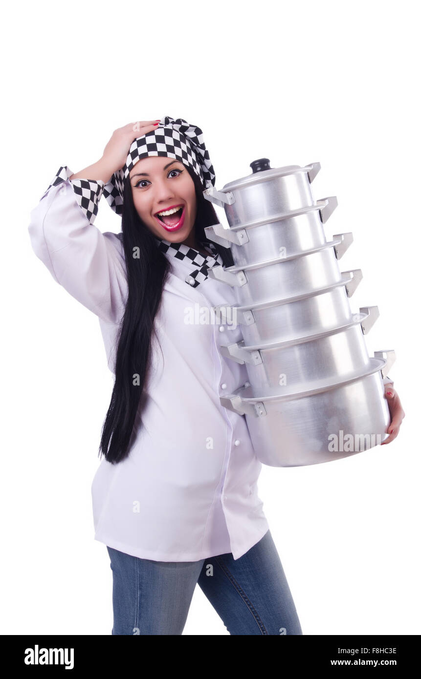 Cook with stack of pots on white Stock Photo - Alamy