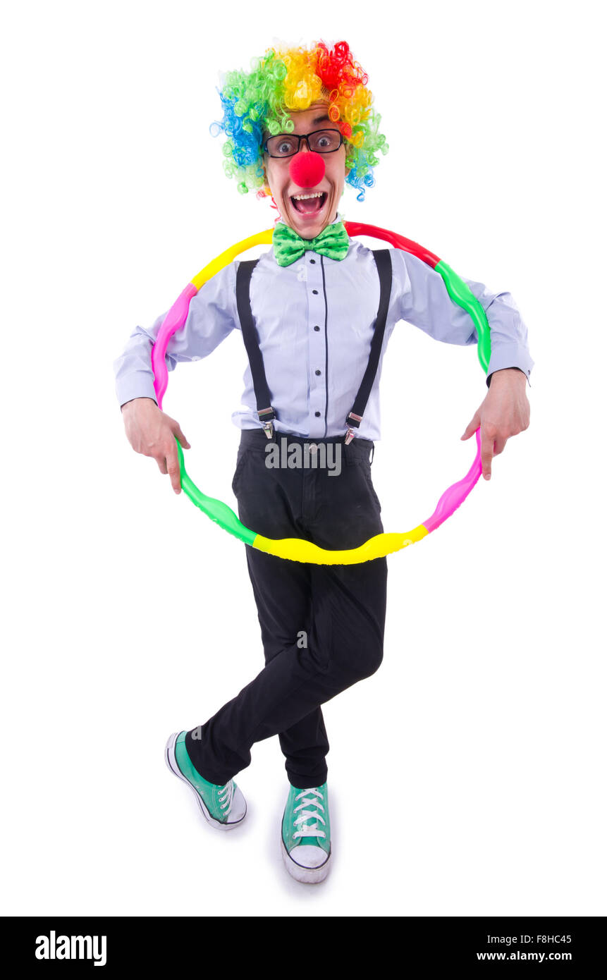 Funny clown with hula hoop on white Stock Photo - Alamy