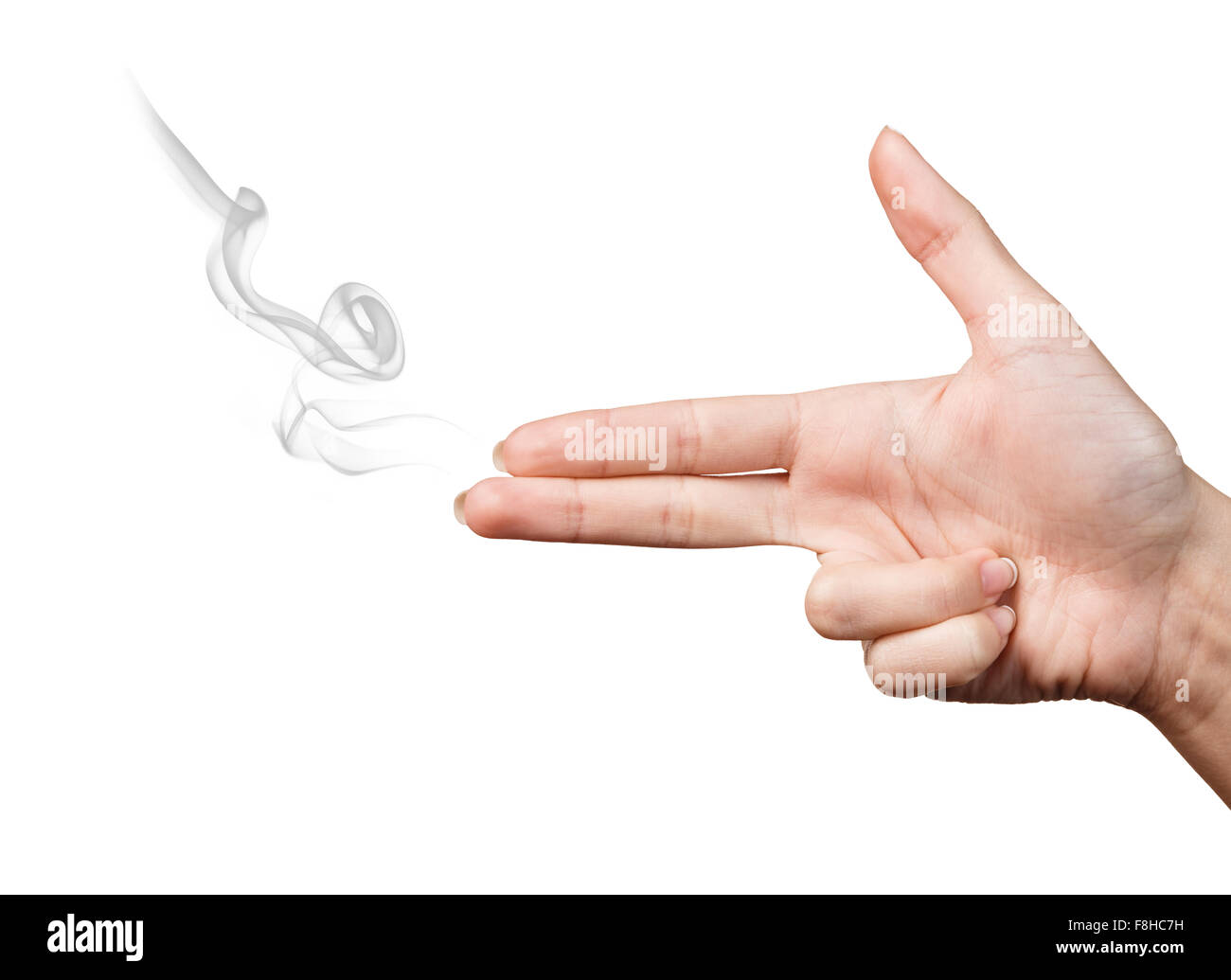 Woman hand showing gun gesture with smoke Stock Photo - Alamy