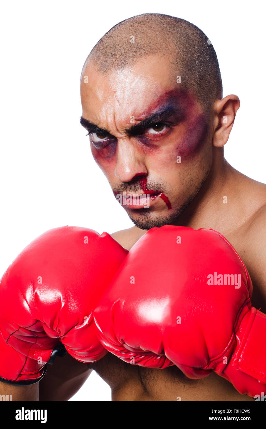 Badly beaten boxer isolated on white Stock Photo - Alamy