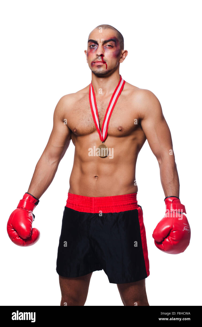 Badly beaten boxer isolated on white Stock Photo - Alamy