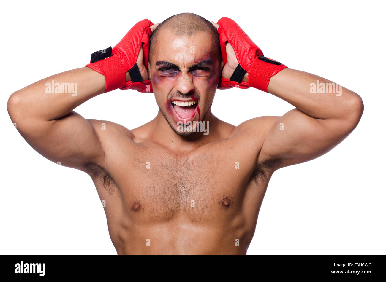 Badly beaten boxer isolated on white Stock Photo - Alamy