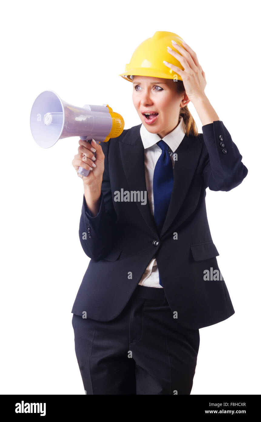 Female construction worker with loudspeaker Stock Photo - Alamy