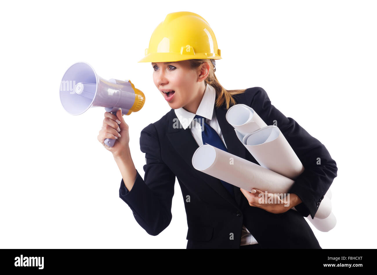Female construction worker with loudspeaker Stock Photo - Alamy