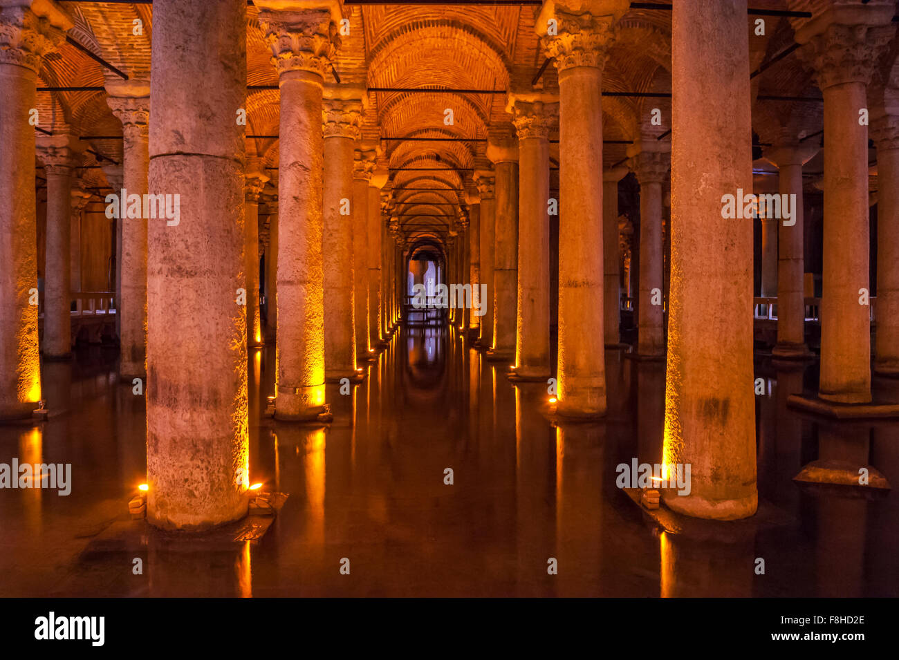 Old Roman stone columns underground in the historical Basilica Cistern ...