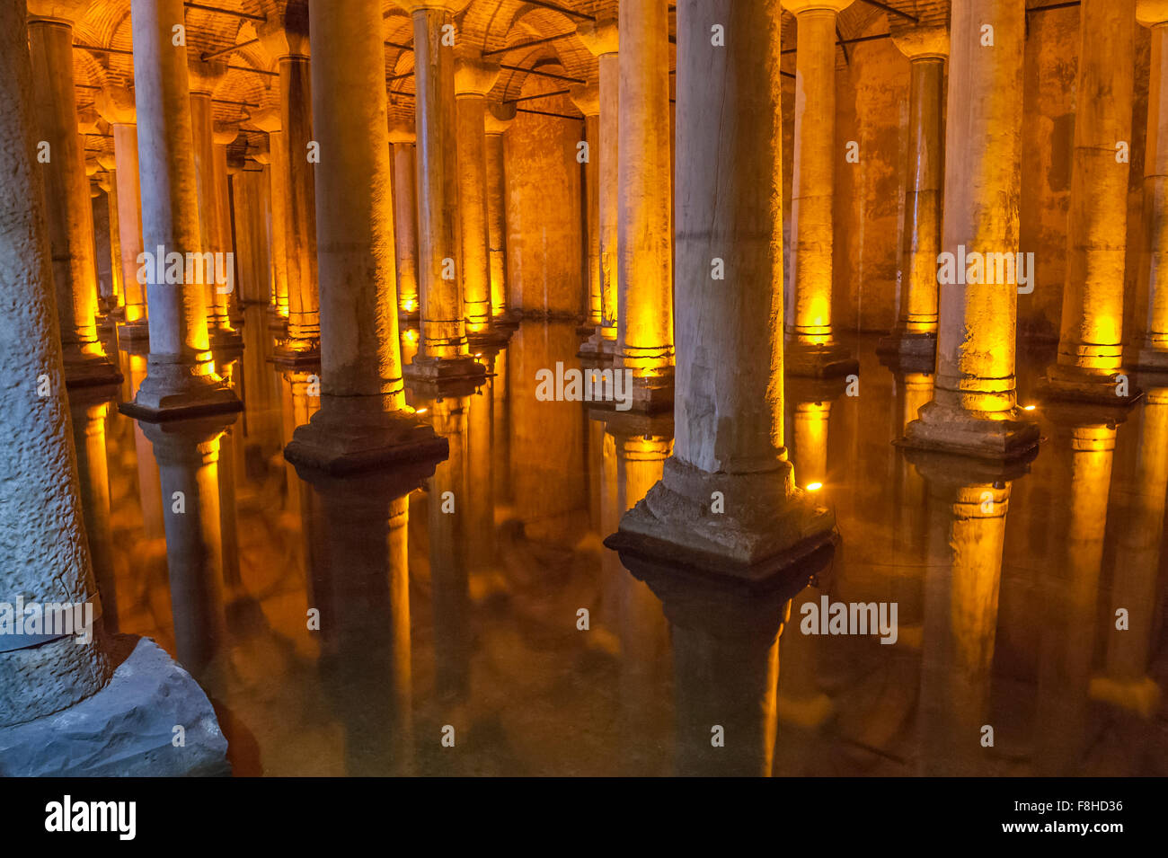 Old Roman stone columns underground in the historical Basilica Cistern ...