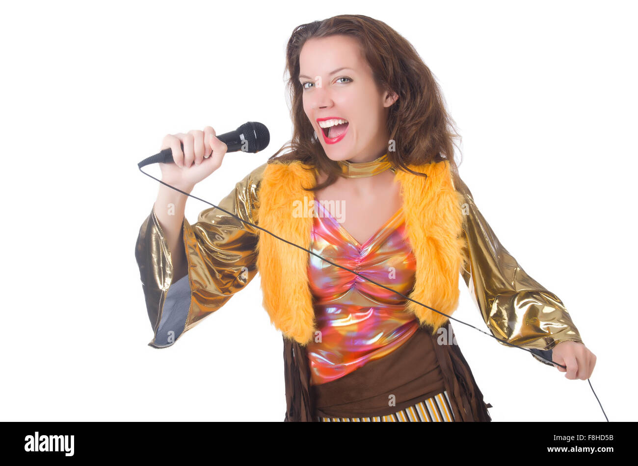 Woman in spanish clothing with mic Stock Photo - Alamy