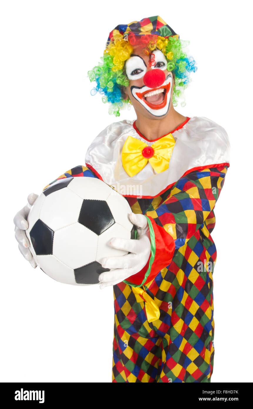 Clown with football ball on white Stock Photo - Alamy
