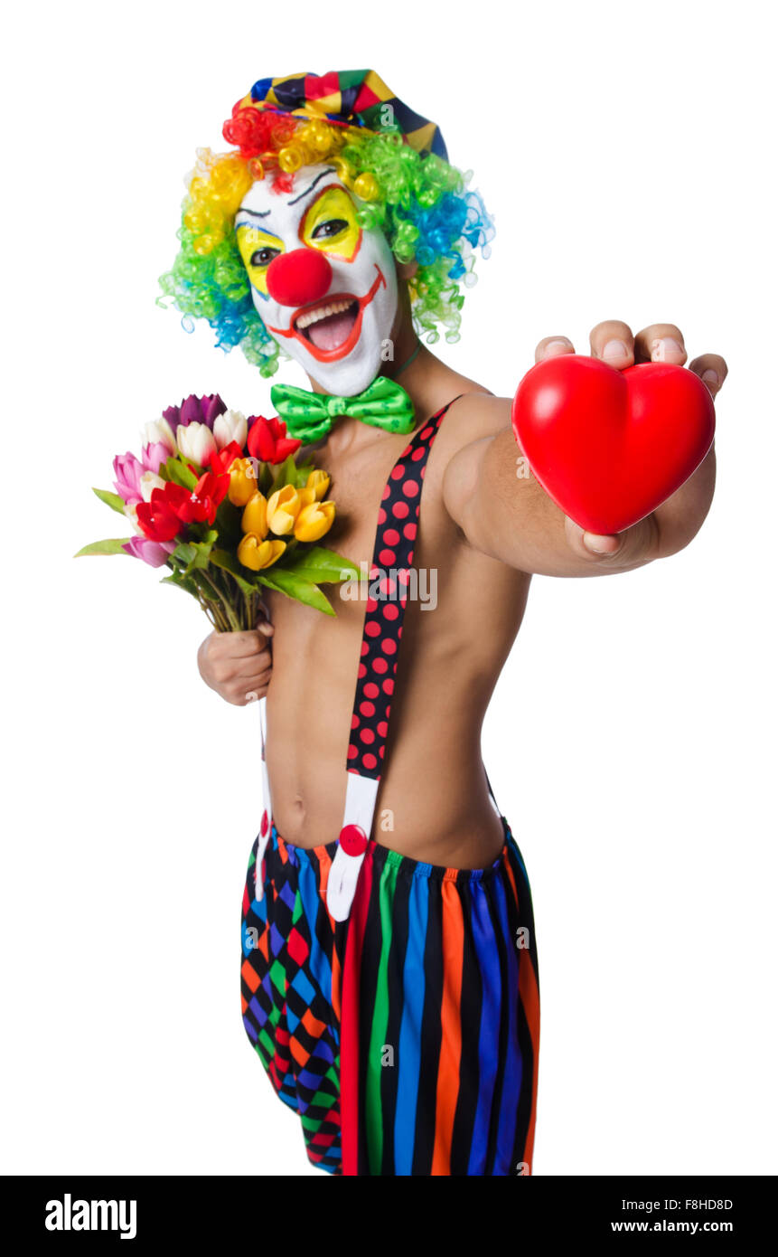 Clown with flowers on white Stock Photo - Alamy